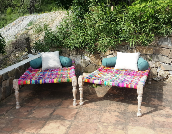 Teak Indian Charpoys woven with old colourful Saris - Mahout Lifestyle